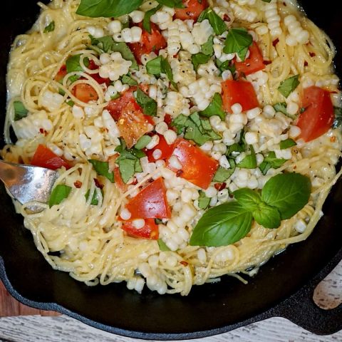 Brie Spaghetti With Basil, Corn, And Tomatoes Recipe - JZ Eats