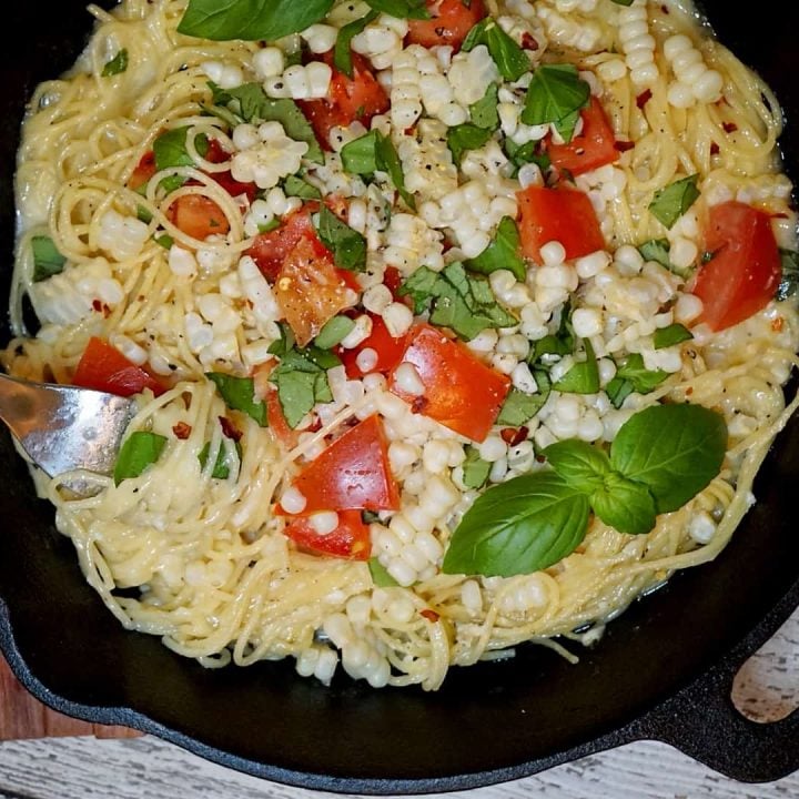 Brie Spaghetti With Basil, Corn, And Tomatoes Recipe - JZ Eats